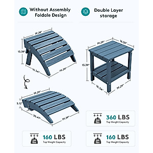 SERWALL 5-Piece Adirondack Chair and Ottoman and Table Set, HDPE Weather Resistant Adjustable Backrest Adirondack Chair with Ottoman and Side Table, Navy