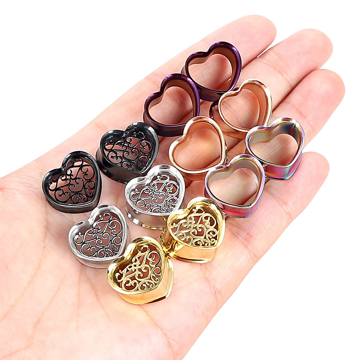 DERALA Stainless Steel Ear Tunnels 12pcs Hollow Heart Ear Gauges Stretcher Ear Piercing Expanders 00g