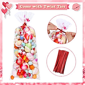 Kesoto 100 Pieces Red Valentines Day Cellophane Treat Bags for Kids, Clear Heart Goodie Candy Snack Bags Bulk with Twist Ties for Valentines Party Favor Supplies