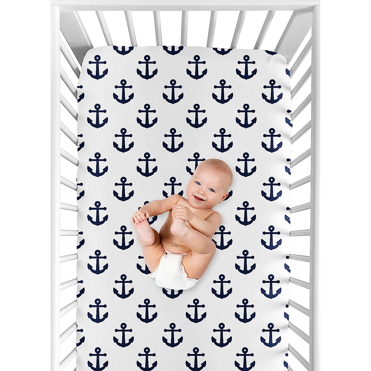 Sweet Jojo Designs Navy Blue White Anchors Boy Girl Fitted Crib Sheet Baby or Toddler Bed Nursery - Nautical Theme Ocean Sailboat Sea Marine Sailor Anchor Unisex Gender Neutral