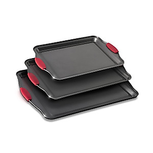 Eternal Living Non Stick Baking Pans Cookie Sheets for Baking with Red Silicone Handles 3pc Set Large, Black