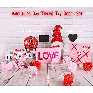 CAKKA Valentines Day Tiered Tray Decor, 11 PCS Red Gnome Pink XO Love Wooden Sign Writing Board Bead Rose Light, Valentine's Day Table Decor Ornament for The Home, Valentines Day Decor Decoration