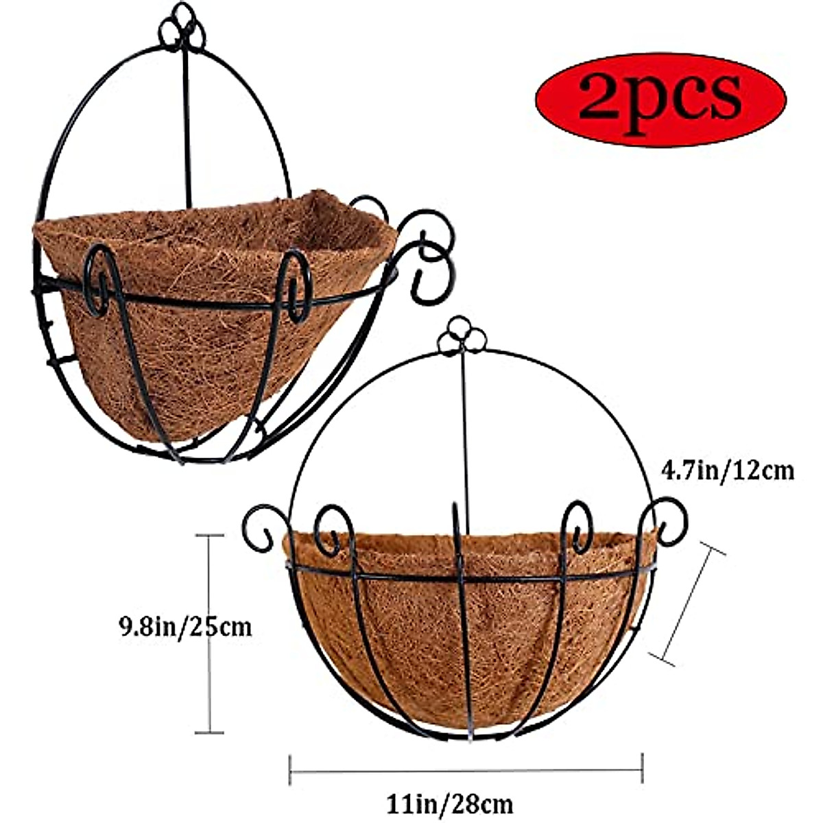 Metal Hanging Planter Basket with Coco Coir Liner Wall Mount Wire Plant Holder for Indoor Outdoor Garden Porch and Balcony (2 Pack) (10 inch)