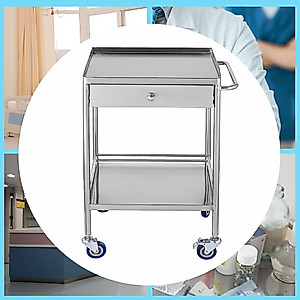 Lab Serving Cart, 2-Layer Utility Cart Stainless Steel with Wheels Rolling Cart, Commercial Wheel Dental Lab Cart Utility Services with Single Drawer and Silent Omnidirectional Lockable Wheel