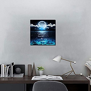 Moon Decor Led Wall Art - Seascape Picture Ocean Bathroom Decorations office Kids Room Dorm Modern Abstract Prints Poster Moonlight lighted Painting Space Canvas Giclee Artwork 11.6x11.6inch Framed