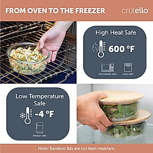 Crutello Glass Storage Containers with Bamboo Lids - Eco-Friendly Non Toxic Meal Prep Jars with Wooden Lid for Fridge and Kitchen Organization - Non Plastic Container for Fruit Bowls - 32 oz - 4 Pack