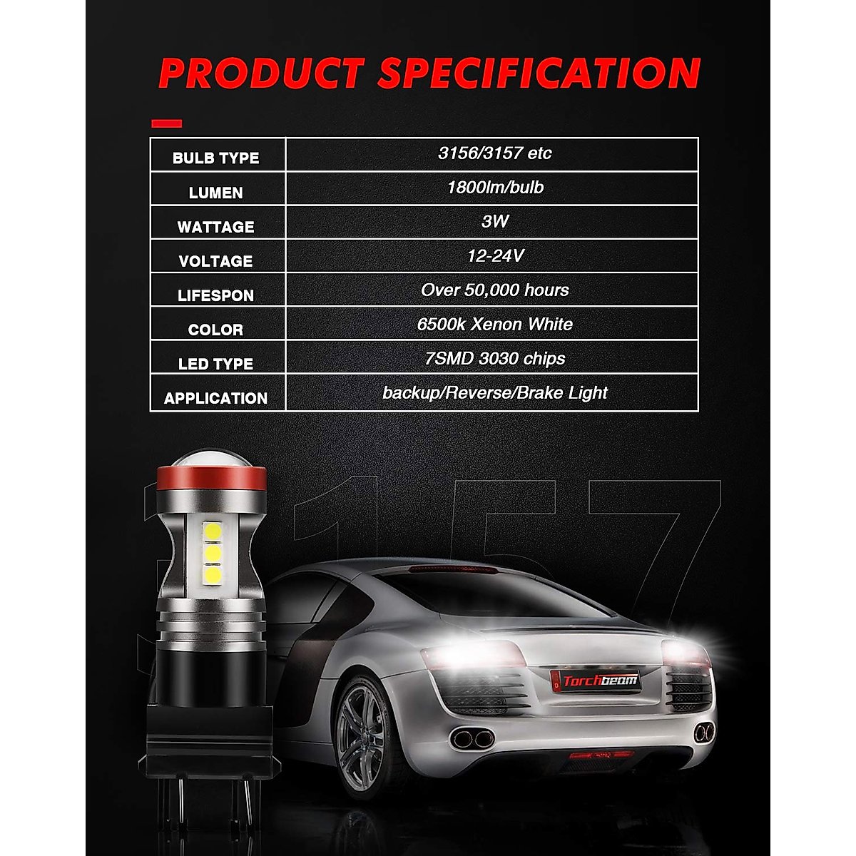 Torchbeam 3157 LED Light Bulbs 3600 Lumens with Projector Error-free For Reverse Back Up Lights DRL Brake Lights Fit 3156 3057 3056 4157 6500K Xenon White（Pack of 2）