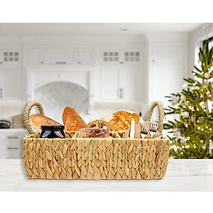 ECO 5 Water Hyacinth Large Rectangle Storage Basket, Coffee Station Organizer, 4 Dividers Basket Hand Woven with Handle, Organizing Wicker Basket for Pantry, Office, Home Décor, ‎16"D x 11"W x 5.5"H