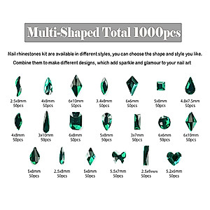 Nail Art Rhinestones, 1000 Special-Shaped Diamonds Mix 20 Styles Flatback Rhinestone Crystals Decorations Green Gemstones Set, Nail Gems and Rhinestones Kit for Nails, Crafts, Clothes, Jewelry