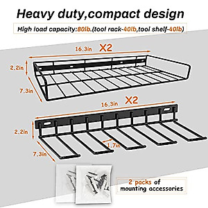 2 Pack Power Tool Organizer for Tool Storage, Heavy Duty Floating Tool Shelf, Drill Holder Wall Mount, Utility Rack for Cordless Drill Compact Steel Design Solid Metal Black（2 pack 4 set) (Black)