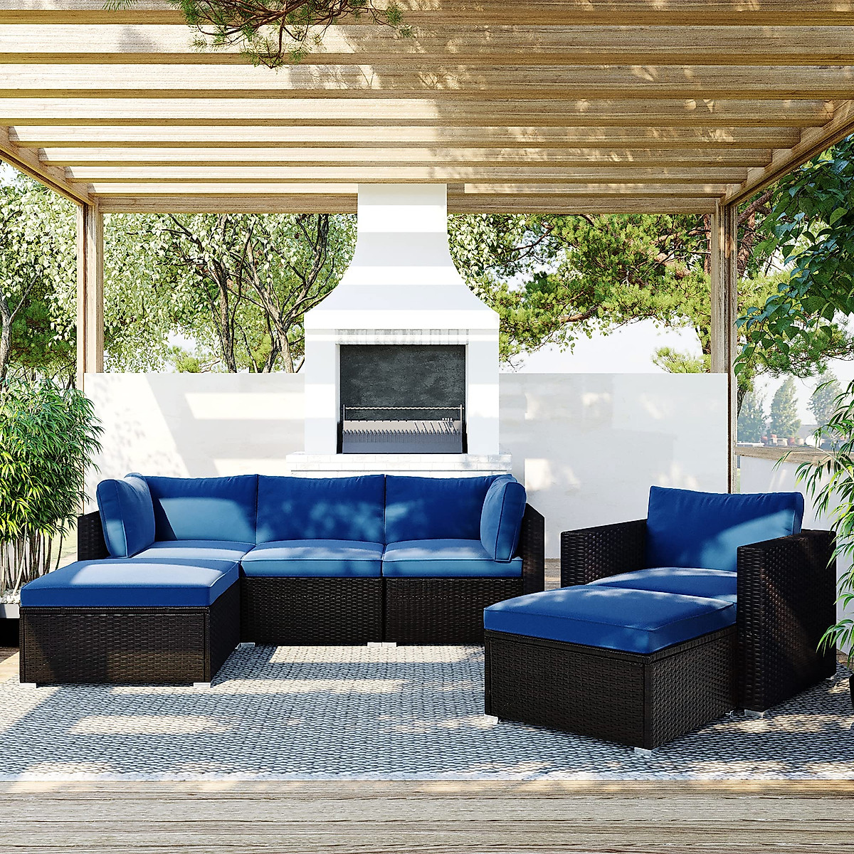 Merax Patio Furniture Sets, 6 PCS Outdoor Patio Sectional Sofa Set, All Weather PE Wicker Rattan Conversation Set with Glass Table & Cushions, Brown+Blue