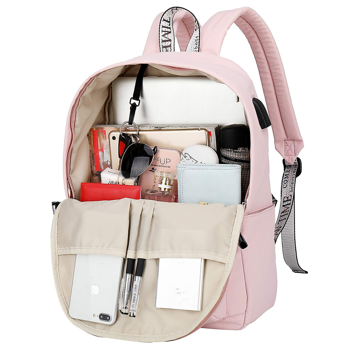 Mairle 17.3 inch Casual Laptop Backpack Anti Theft Schoolbag Daypack Ribbon Decorate School Bag with USB Charging Port for Teen Girls Women, Black