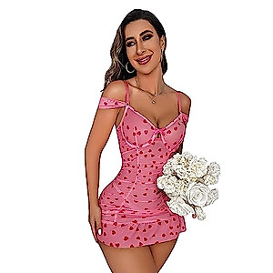 SweatyRocks Women's Heart Print Spaghetti Strap Ruched Mesh Slips Babydoll Lingerie Nightwear Watermelon Pink M