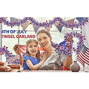 KIMOBER 32.8 Ft 4th of July Tinsel Garland, Red White Blue Metallic Garland for Independence Day Memorial Day Decoration