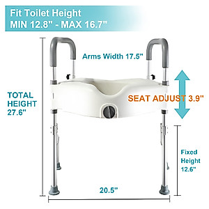 Lock Raised Toilet Seat with Handles, 5 Inch Toilet Seat Riser Heavy Duty with Adjustable Arms and Legs Fits Most Toilets, Elevated Toilet Seat 300 LBS(Regular, Grey+White）