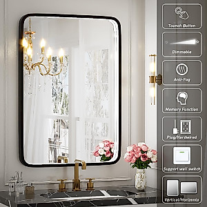 FTOTI 20X28 Inch LED Bathroom Mirror with Lights,Wall Mounted Lighted Mirrors with Non-Rusting Black Metal Frame Anti-Fog Memory Funtion Stepless Dimmable,6000K(Horizontal&Vertical)
