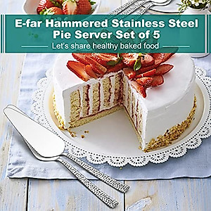 5-Piece Pie Server, E-far Hammered Stainless Steel Cake Server Spatula for Cutting Pastry Cheese Pizza, Serrated Edge with Square Handle, Mirror Polished & Dishwasher Safe-8.9 Inch