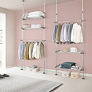 BAOYOUNI Standing Garment Rack Clothes Hanger Storage Organizer Adjustable Heavy Duty Laundry Shelf Double Tension Pole with 2 Large Shelves and 1 Telescopic Haning Rod - Grey
