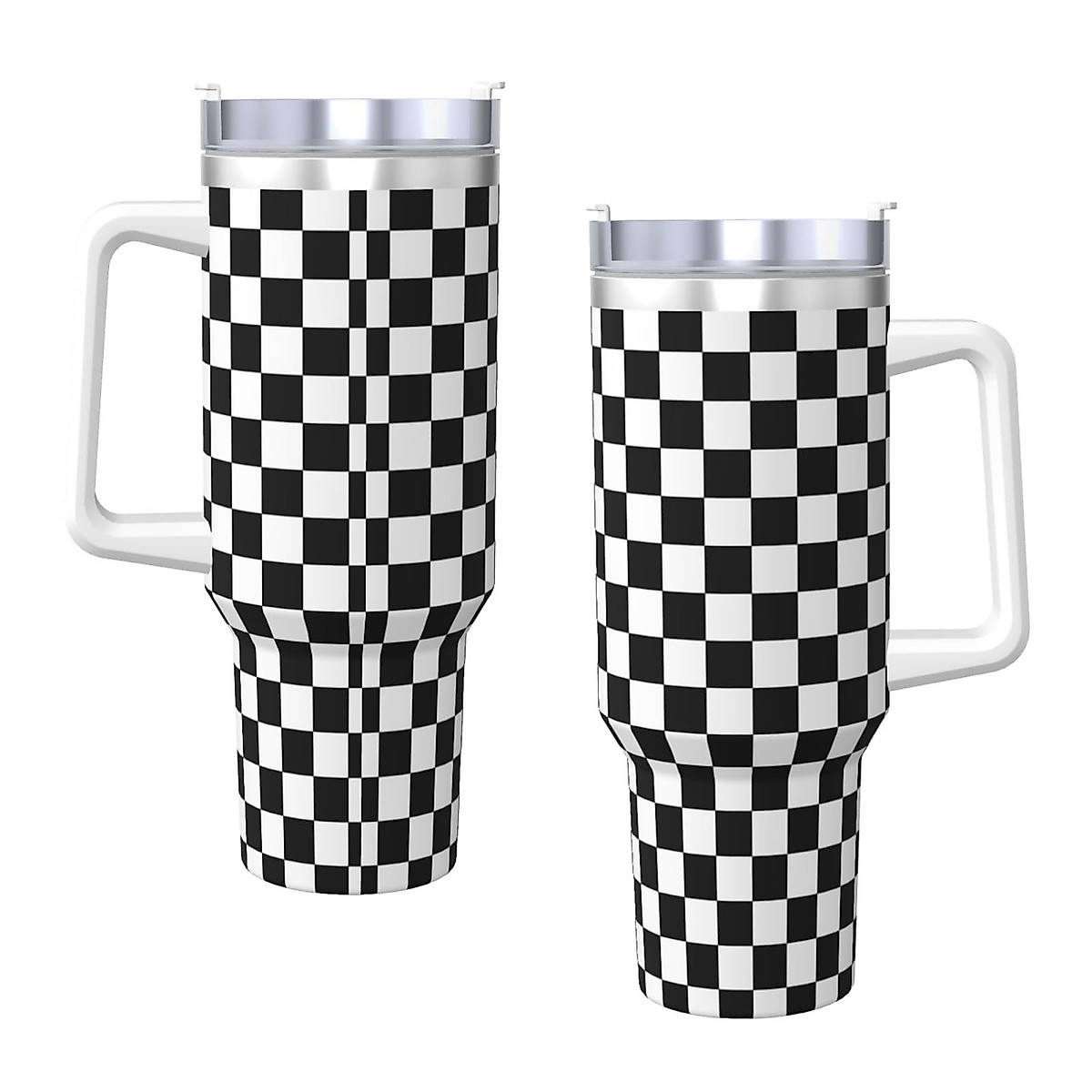 deaokluy 40 OZ Checkered Pattern Ice Bully Cup with Handle Straw Lid, Double Wall Stainless Steel Tumbler Travel Coffee Cup, Black White Insulation and Cooling Cup for Christmas Birthday Present