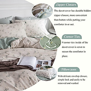 VClife Soft Cotton Queen Duvet Cover Breathable Beige Sage Green White Floral Bedding Duvet Cover for Girl Skin-Friendly Bedding Duvet Cover with Zipper Closure - 1 Duvet Cover and 2 Pillowcases