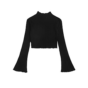 SweatyRocks Women's Long Flounce Sleeve Crop Top Stand Collar Ribbed Knit T-Shirt Black M
