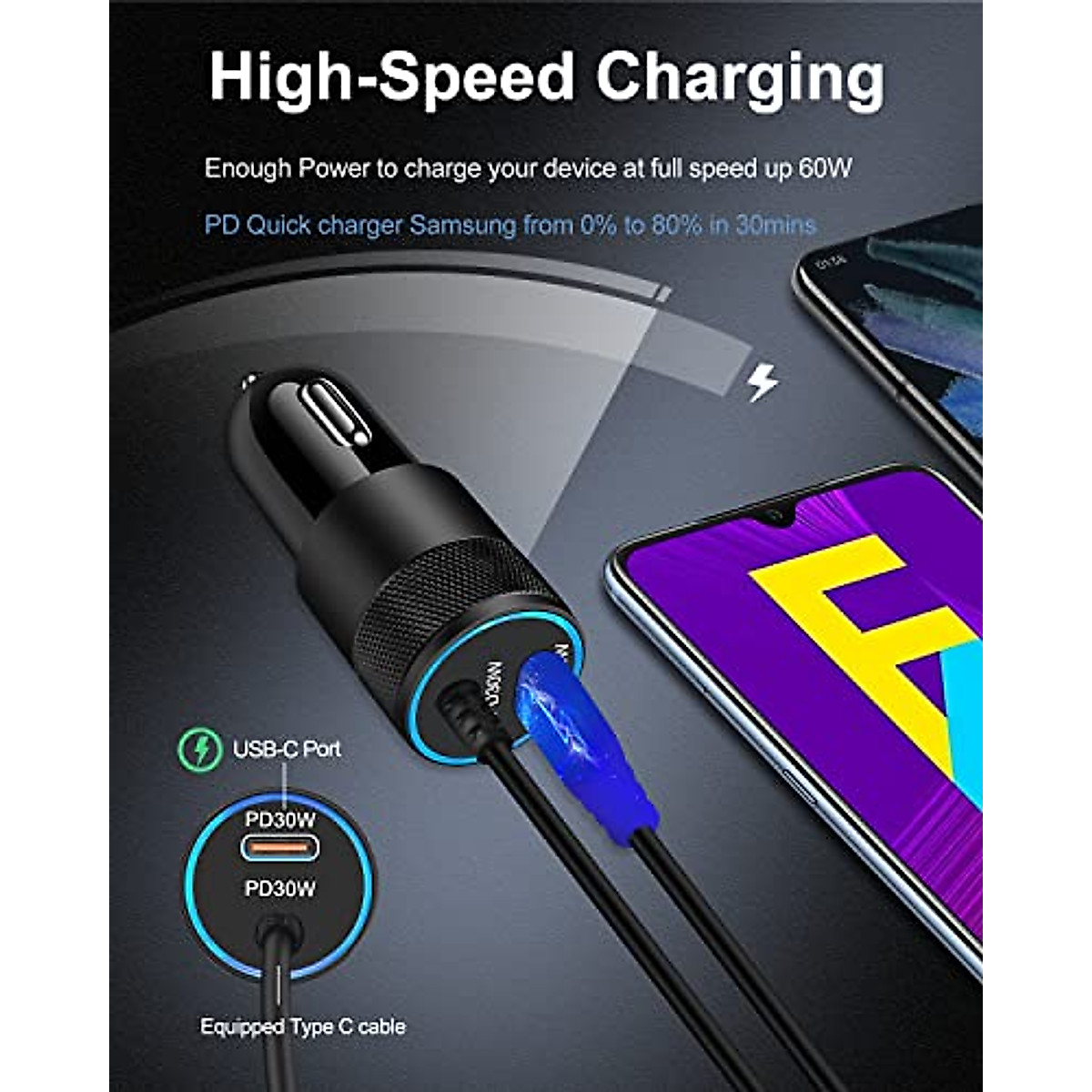 USB C Car Charger, 60W Fast Charge Type C Car Charger Cigarette Lighter Adapter with 3Ft Type C Cable Fast Charging for Samsung Galaxy S23/S22/S21/S20/Note 20/A03s/A23/A53/A04s, Google Pixel 7/6/5/4XL