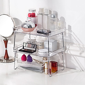 Ettori Stackable Cabinet Organizers and Storage, 2 Packs Cabinet Storage Organization, Clear Cabinet Shelves and Kitchen Counter Shelf- Translucent Plastic and Metal