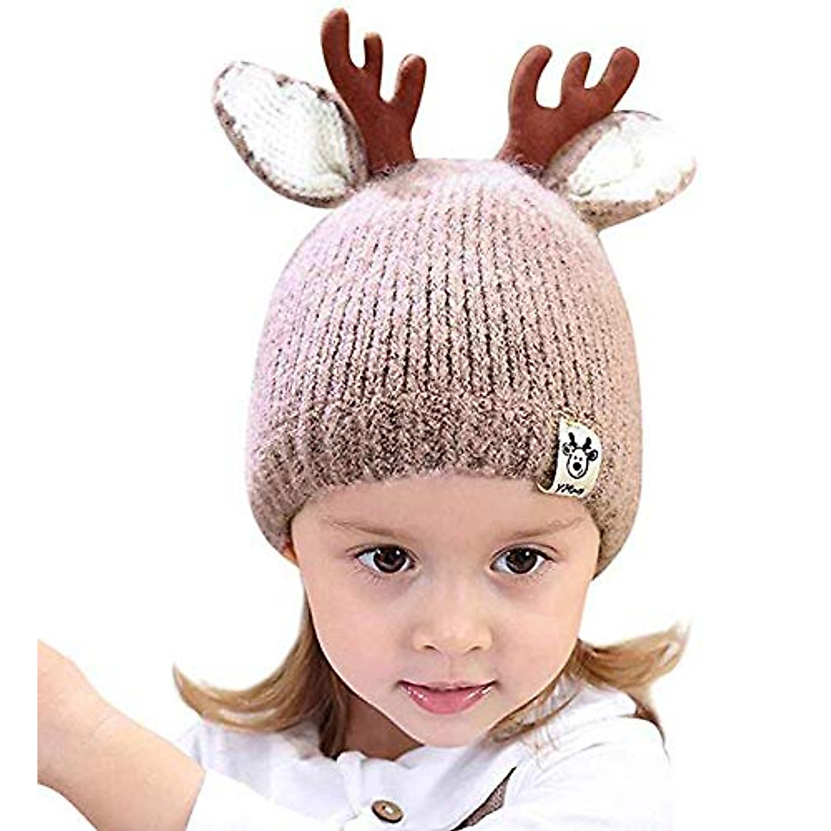 Cute Reindeer Antlers Baby Beanie Soft Warm Crochet Knitted Hat for Toddler Girls Boys Pink
