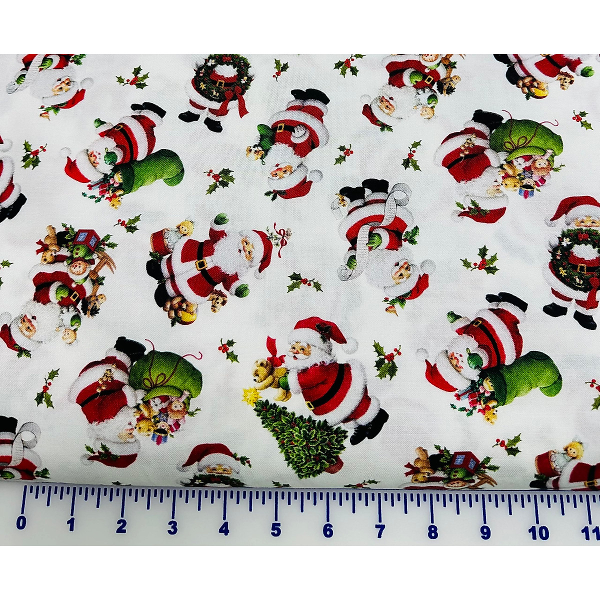 Cotton Fabric Tossed Santas and Christmas Trees 4130WHITE Christmas Fabric by The Yard