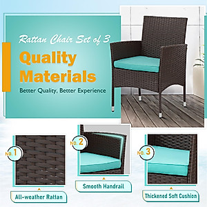 PayLessHere Set of 3 Outdoor Furniture Set Patio Furniture Set Brown Conversation Set with 2 Rattan Chairs Glass Coffee Table for Coffee Bar Poolside Patio Outdoor, Blue Cushions