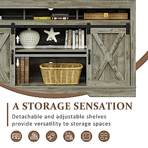 RoyalCraft Farmhouse TV Stand with Sliding Barn Door for TVs up to 65+ Inch, 34" Tall Entertainment Center, Wood Media Console Storage Cabinet for Bedroom, Living Room, Light Grey