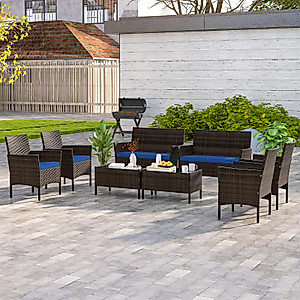 HAPPYGRILL 8 Pieces Outdoor Rattan Conversation Set, Patio Wicker Furniture Set with Loveseat Chairs & Tempered Glass Coffee Table, Outside Sectional Sofa Set for Backyard, Garden Poolside