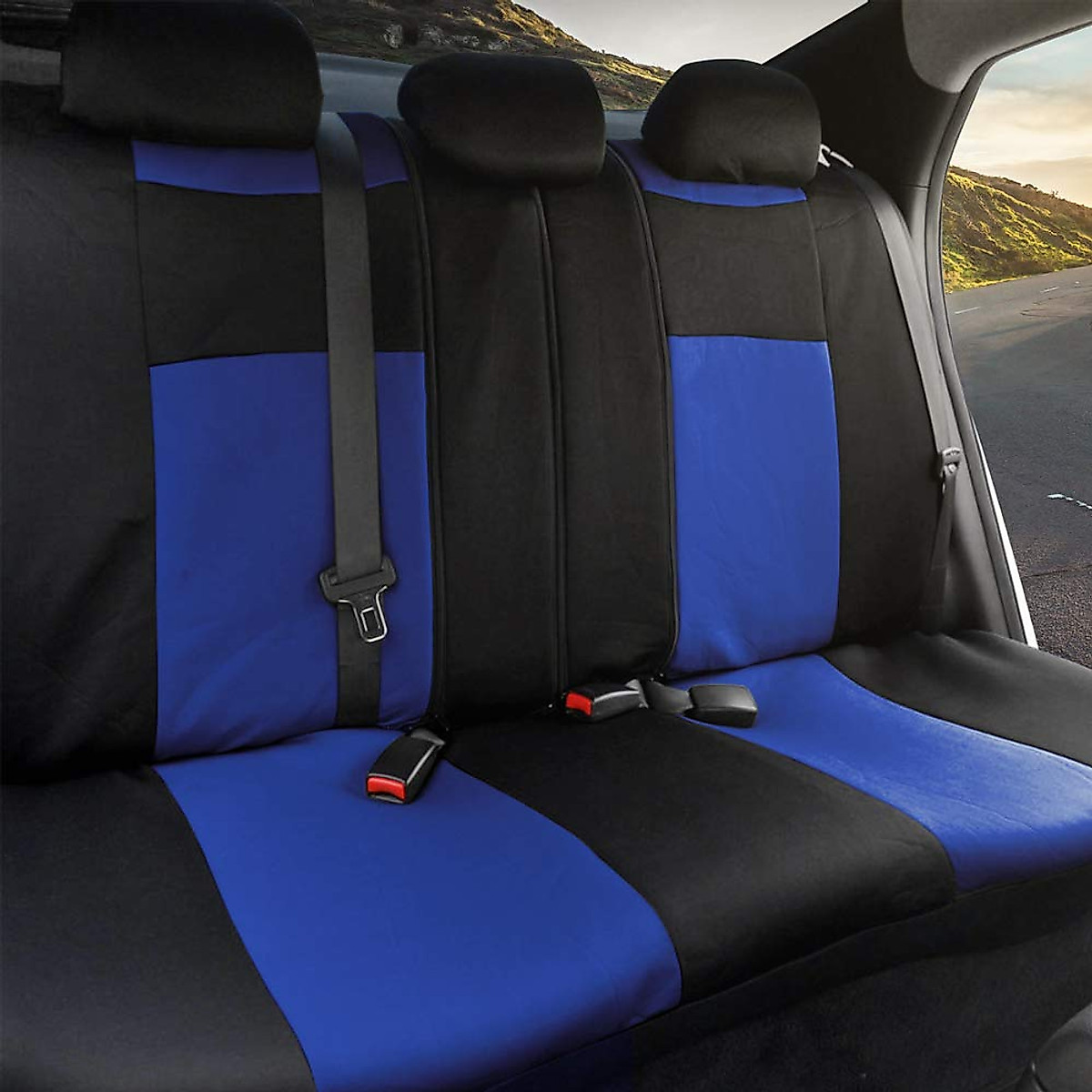 BDK PolyPro Blue Car Seat Covers Full Set with 4-Piece Car Floor Mats - Two-Tone Seat Covers for Cars with Carpet, Interior Covers for Auto Truck Van SUV