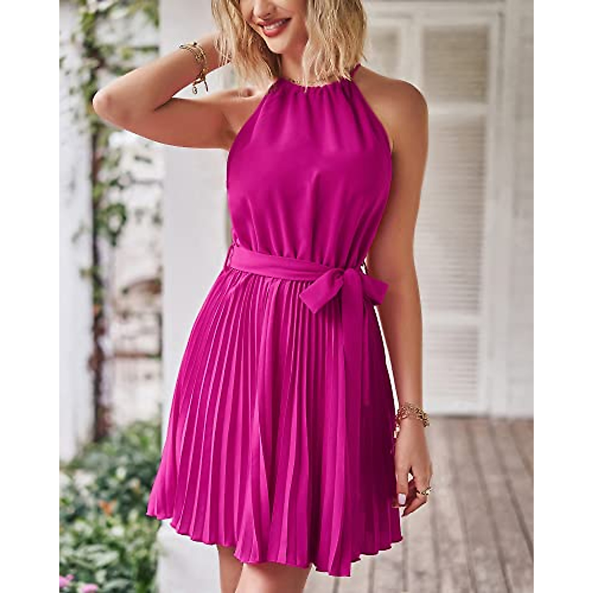 BTFBM Women 2024 Summer Casual Halter Neck A-Line Dress Sleeveless Belted Swing Pleated Cocktail Party Beach Mini Dresses(Solid Purple Red, Large)