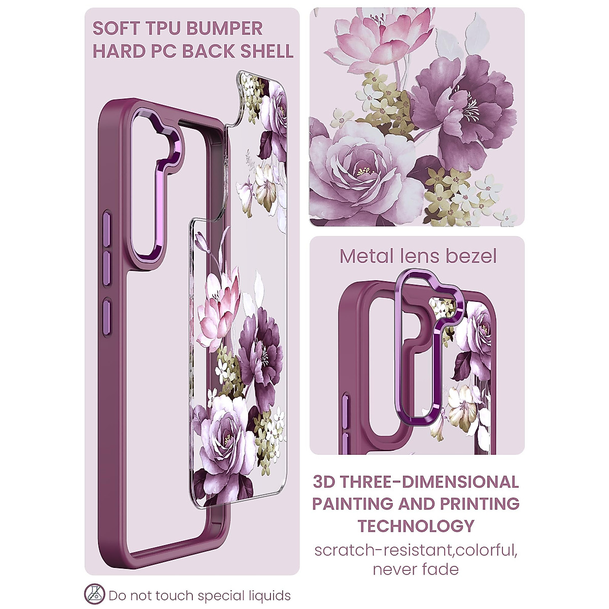 Dretal for Samsung Galaxy S22 5G Case Floral, Military Grade Drop Tested Hard Back & Soft Edge Slim Flower Women Girls Phone Protective Cover + Tempered Glass Screen Protector for Galaxy S22 (Purple)