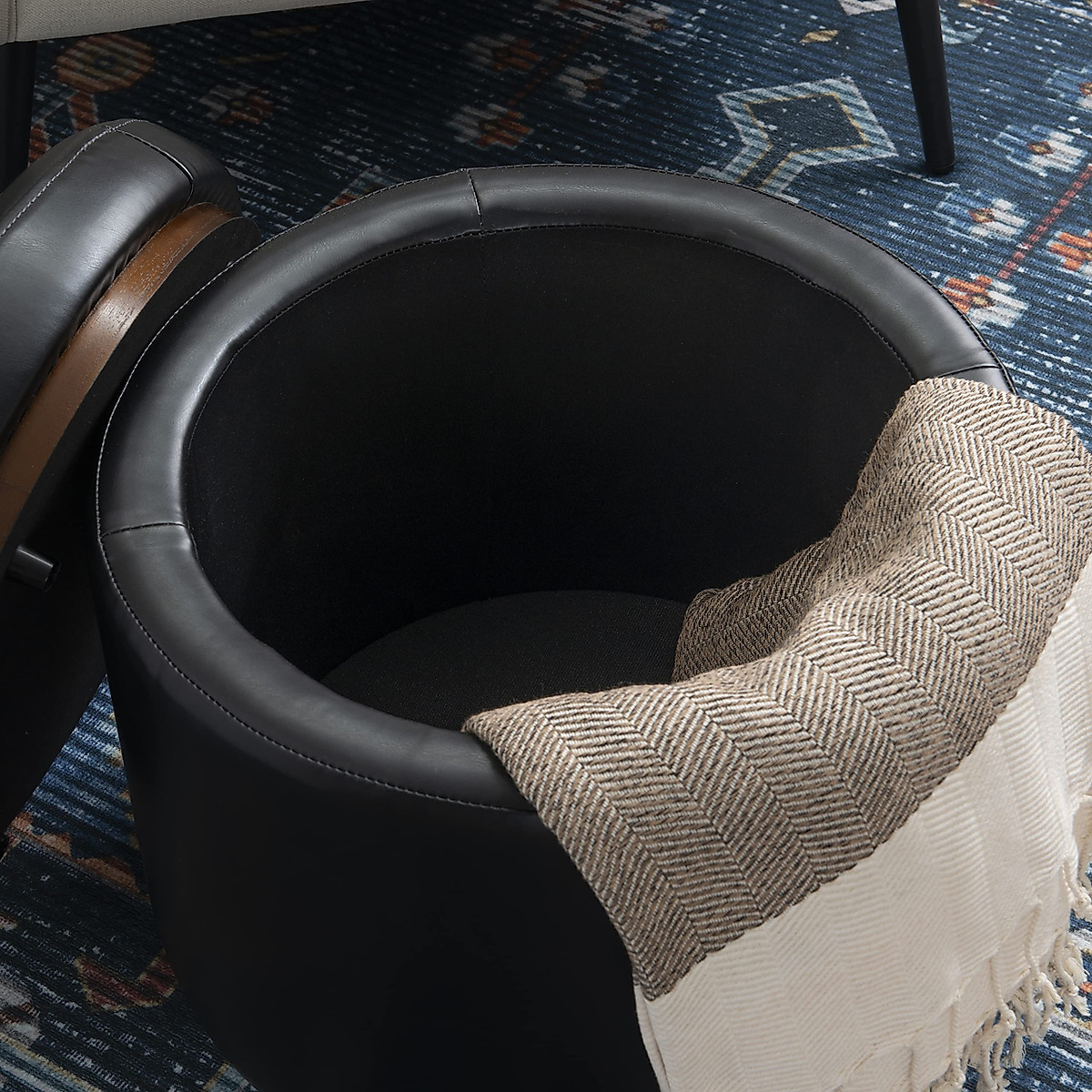 Linon Lexington Black Faux Leather Round Storage Ottoman with Wood Accent