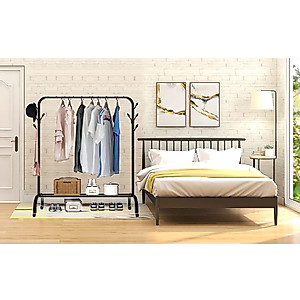 HILI Clothing Garment Rack with Wheels, Metal Clothes Stand Rack with Shoe Storage Rod, Sturdy Steel Frame Coat Rack for Indoor, Laundry, Bedroom(Black) (HY0006)