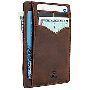 YBONNE Thin Front Pocket Wallet for Men and Women, RFID Blocking Card Holder, Made of Finest Genuine Leather (Brown)