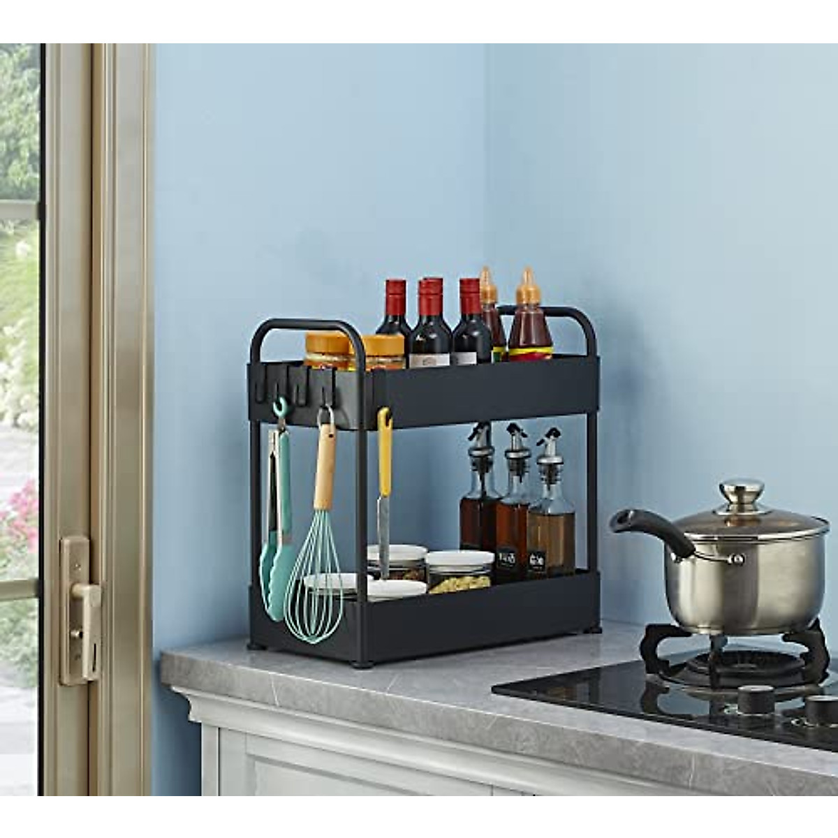 SPACEFIT Under Sink Organizers and Storage, 2 Tier Cabinet Shelf and Bathroom Organizer Rack with Handles, Hanging Cup, Hooks, Countertop Organizer for Kitchen Spices, Cleaning Supplies, Cosmetics