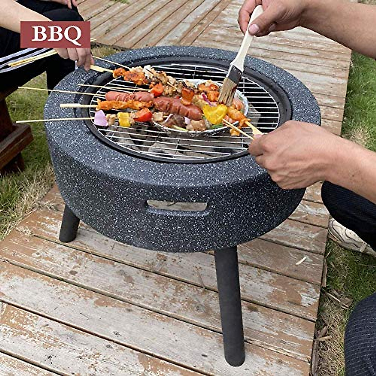 Fire Pit with Grill Shelf, Geo Fire Pit Bowl with Triangle Bracket Magnesium Oxide Material Outdoor Garden Fire Pit with Mesh Cover for Outdoor, Garden, Barbecue, Camping (Grey)