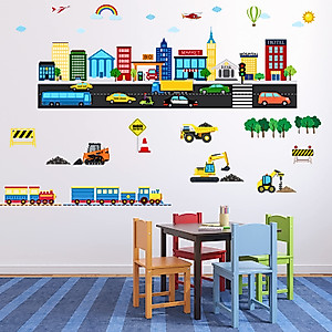 Transportation Wall Decals Construction Wall Stickers Vehicle Tractor Cars Trucks Excavator Stickers Peel and Stick Transportation and City Scene Decals for Kids Nursery Bedroom Living Room Playroom