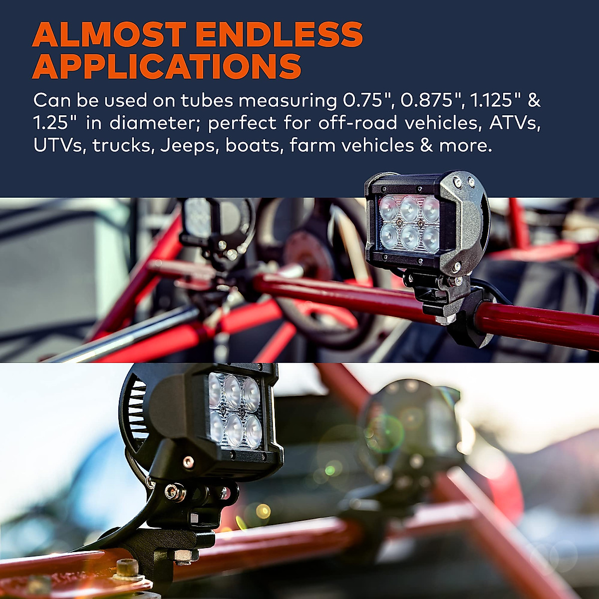 LAMPHUS Off-Road ATV UTV Light Bar Mounts Mounting Bracket Mini Bar Clamp Kits [0.75"/1"/1.25" Inch] [Horizontal Bar] [Aluminum] [2 Unit] Bull Bar UTV Roll Bar Clamp Tube Roll Cage Clamps Mount