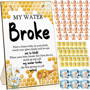 54 Pcs My Water Broke Game Baby Shower Game Sign Wooden Baby Gift Sets Gender Reveal Party Decors 50 Tiny Plastic Babies Small Mini Baby 3 Ice Cube Trays for Baby Shower Gender Reveal Party (Bee)