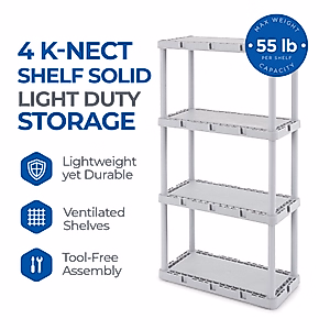 Gracious Living 4 Shelf Knect-A-Shelf Ventilated Light Duty Storage Unit Organizer System for Home, Garage, Basement, and Laundry, Gray.