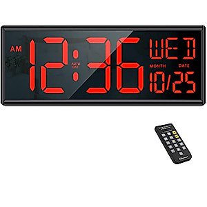 Soobest Large Display Digital Wall Clock with Date and Day of Week, Remote Control LED Clock with Dimmer (Red)