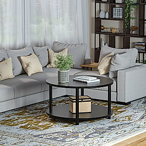 Unihouse Round Coffee Table for Living Room, 31.5’’ 2 Tier Black Wooden Coffee Table with Open Storage Shelf for Office/Reception Room,Sturdy Metal Legs, Easy to Assemble