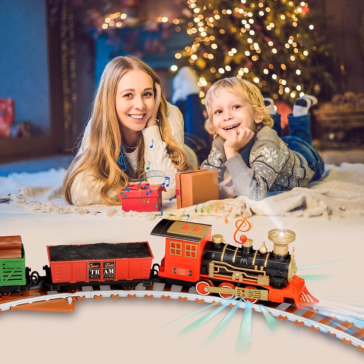 Ouriky Train Set - Electric Steam Train Set Toy for Kids with Smokes, Lights & Sounds, Railway Kits, Cargo Car & Tracks, Christmas Train Sets Under The Tree Gift for Boys Girls