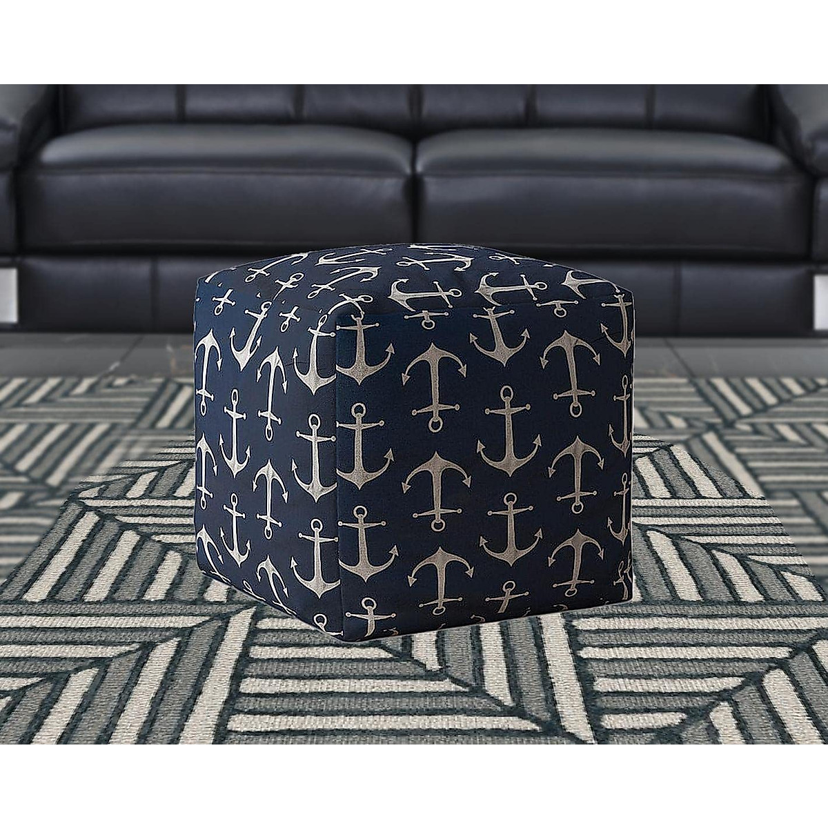 HomeRoots 17" Blue and Grey Twill Anchor Pouf Ottoman