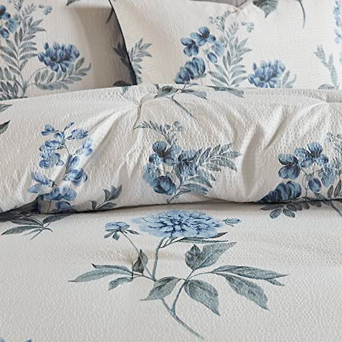 Madison Park Zennia Farmhouse Comforter Set with Throw-Blanket, Floral Print on Seersucker Textures, All Season Bedding, Matching Shams, Toss Pillows, Full/Queen(90"x90"), Blue 7 Piece