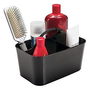 mDesign Small Plastic Shower/Bath Storage Organizer Caddy Tote with Handle for Dorm, Shelf, Cabinet - Hold Soap, Shampoo, Conditioner, Combs, Brushes, Lumiere Collection, Black